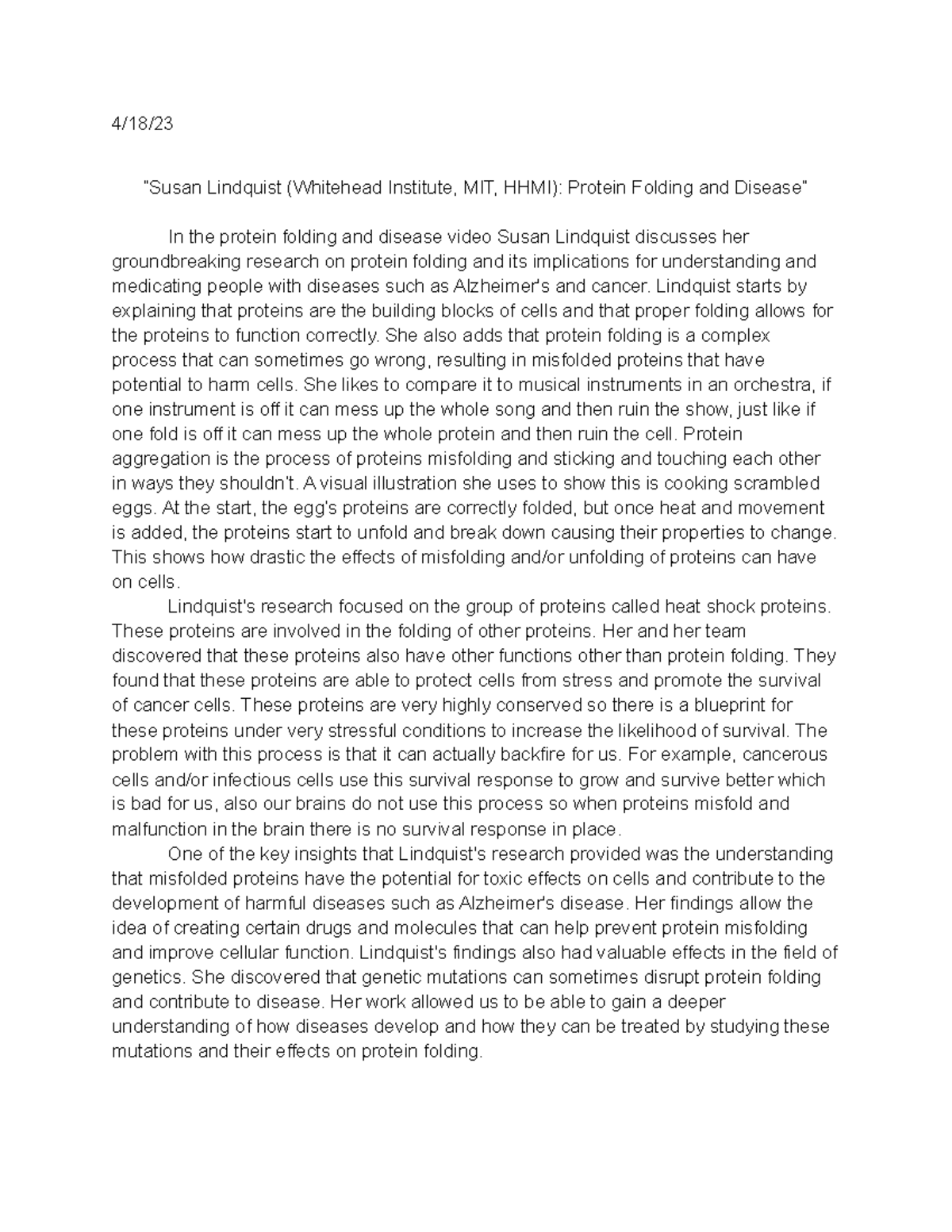 Protein Folding and Disease Video - 4/18/ “Susan Lindquist (Whitehead ...