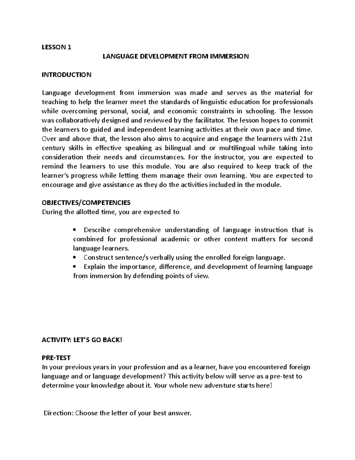 Language Development Immersion - LESSON 1 LANGUAGE DEVELOPMENT FROM ...