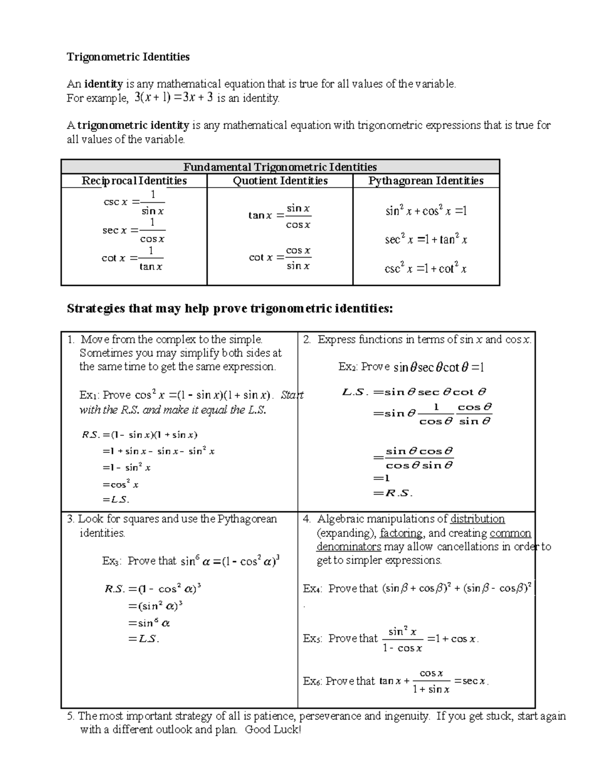 04 - Trigonometric Identities notes for MA121 - MA121 - WLU - Studocu
