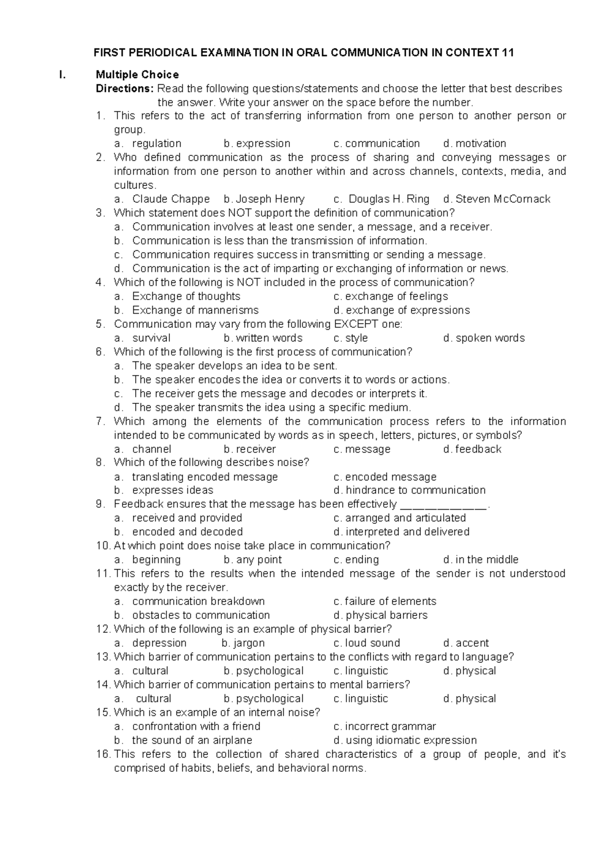 1st periodical exam oral com - FIRST PERIODICAL EXAMINATION IN ORAL ...