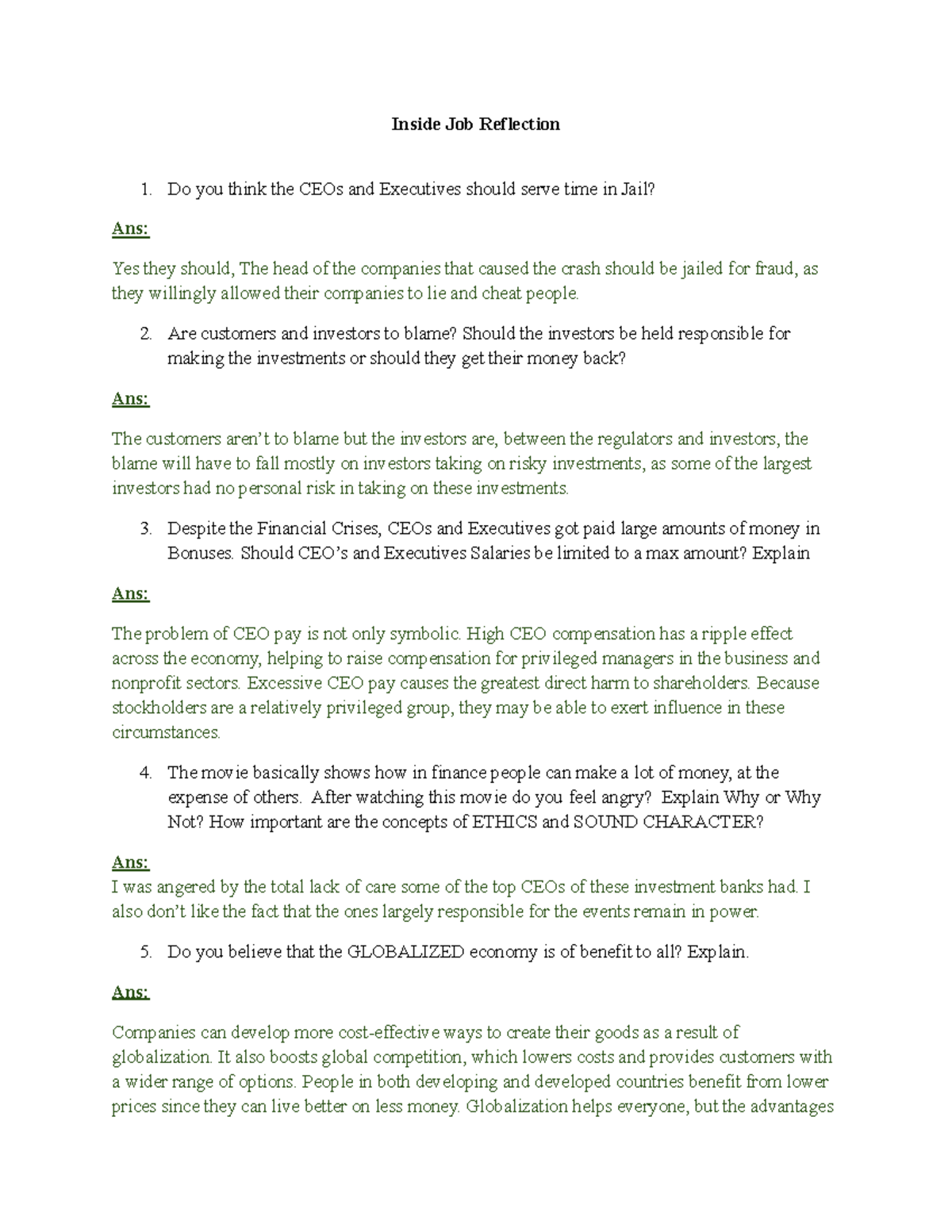 Inside Job Reflection - Are customers and investors to blame? Should ...