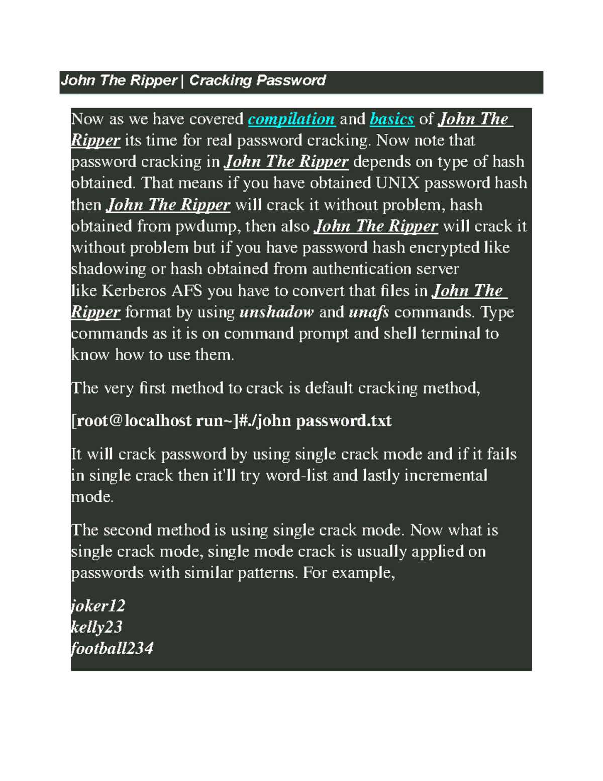 John The Ripper Cracking Password Tutorial Work done in classs - John ...