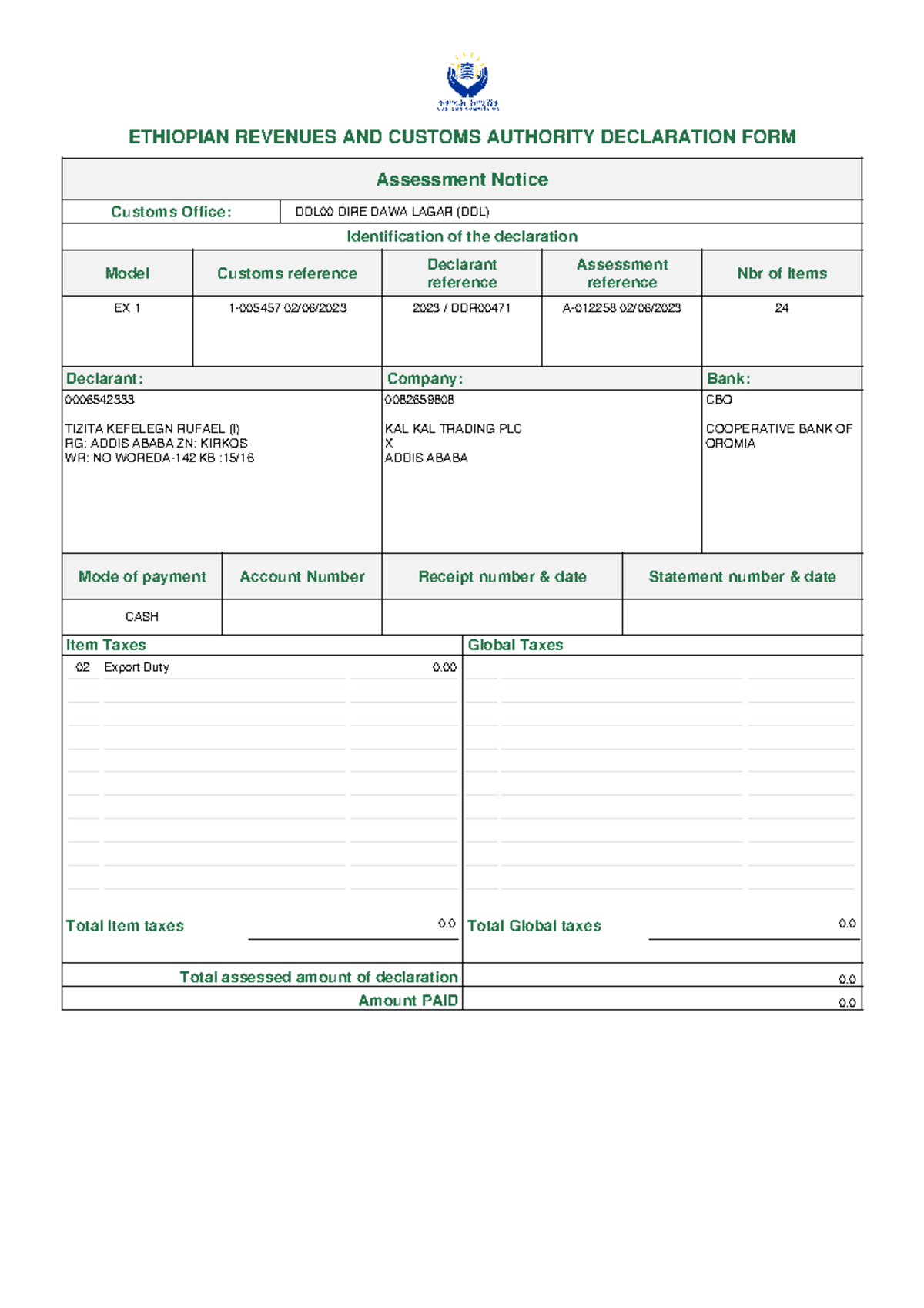 SAD Gen Assmnt Doc 2023DDL0015457 - ETHIOPIAN REVENUES AND CUSTOMS ...