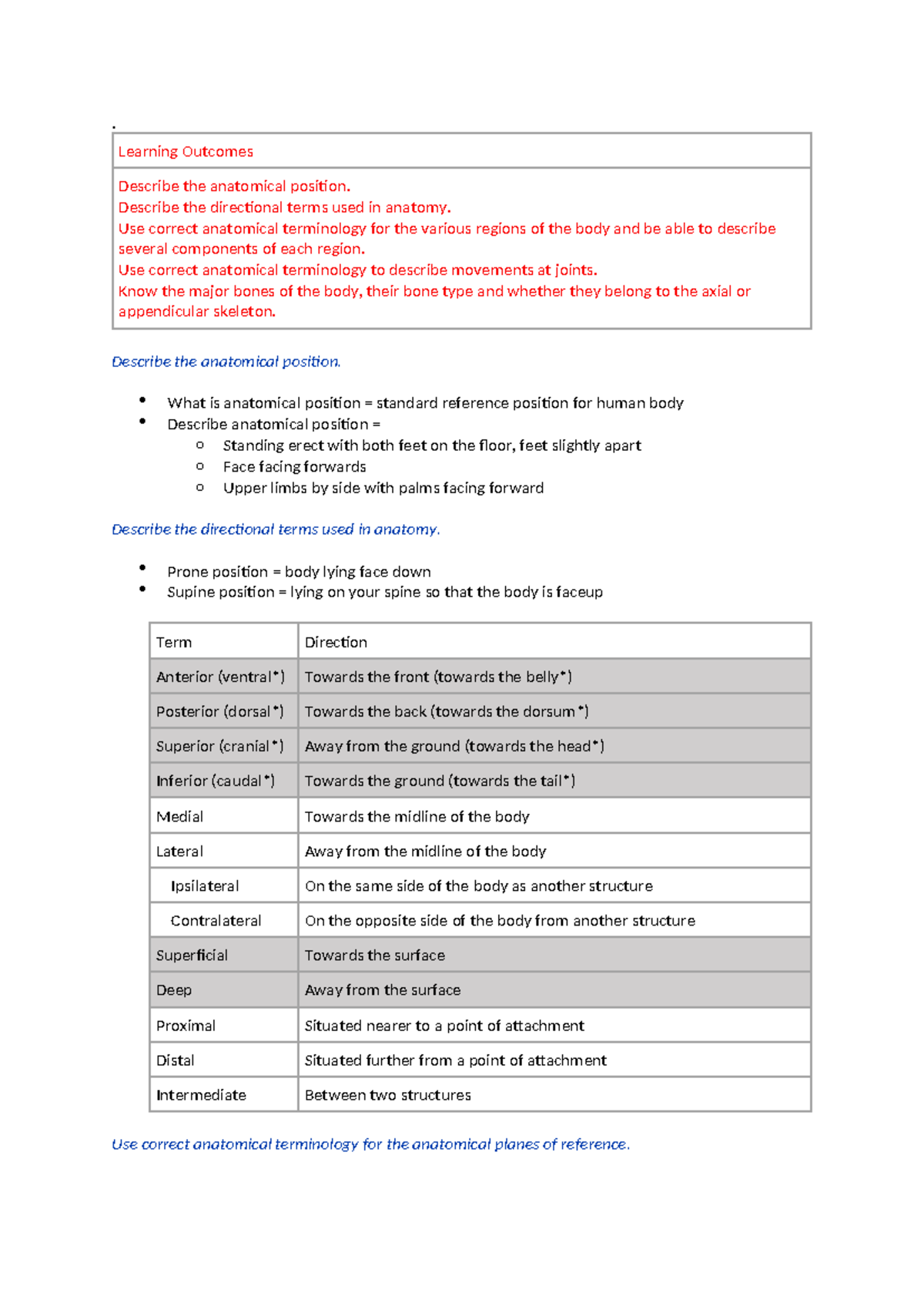 General Anatomy ANHB1101 - . Learning Outcomes Describe the anatomical ...