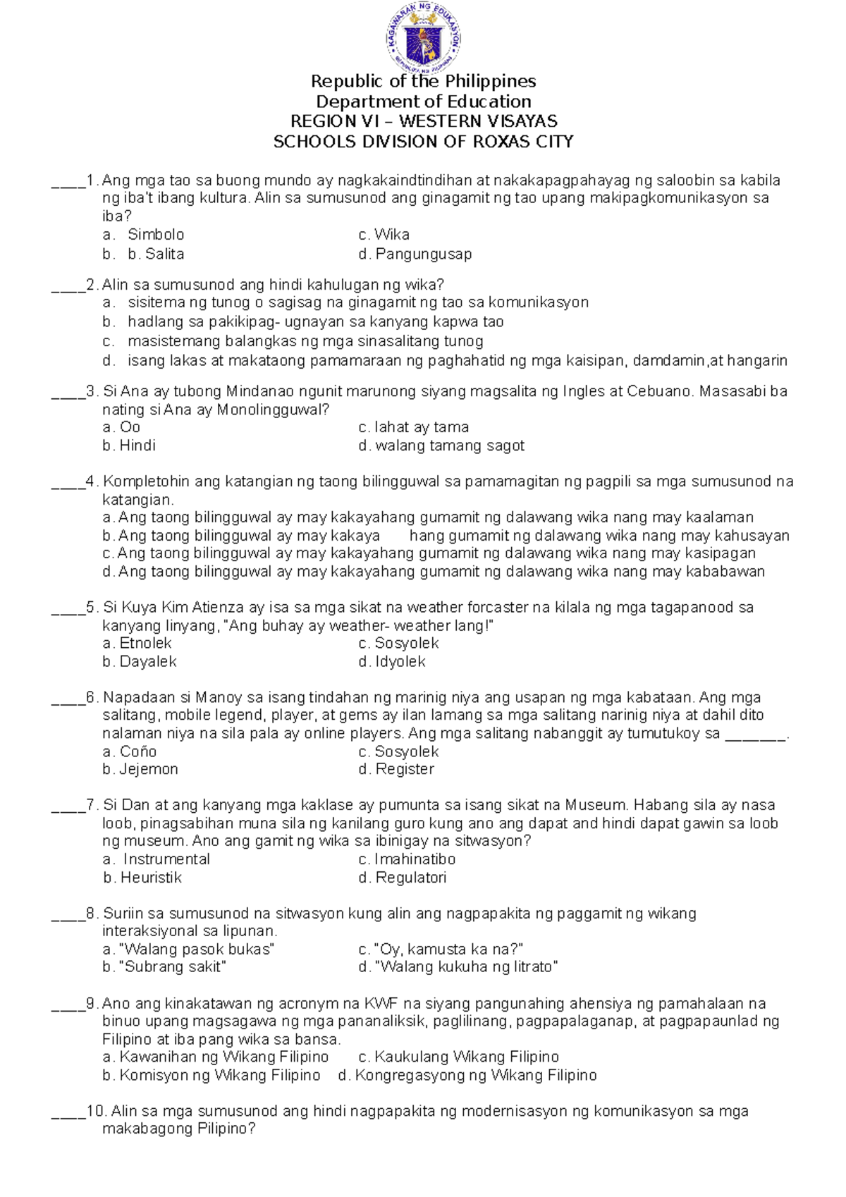 Filipino Reviewer - Republic of the Philippines Department of Education ...