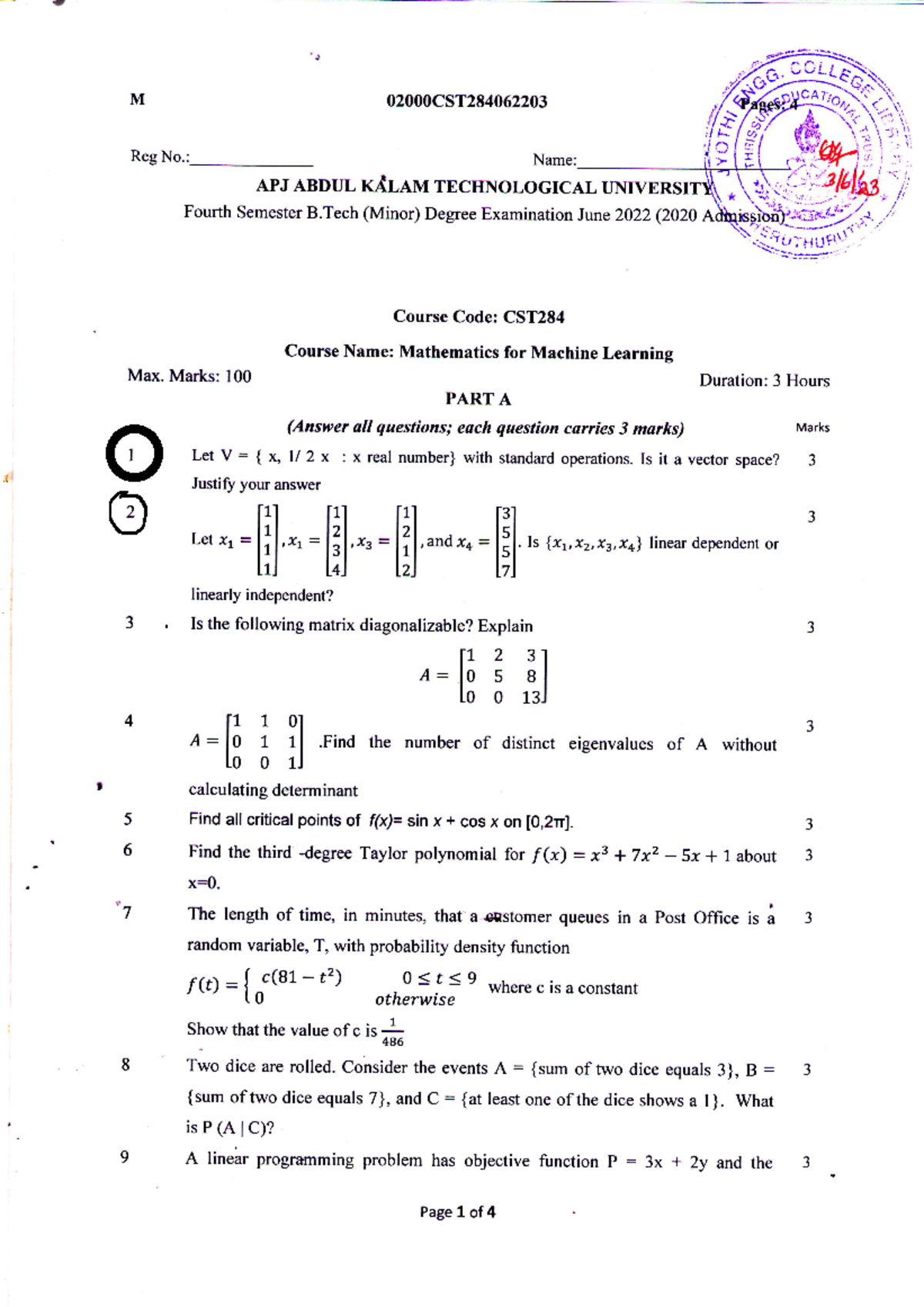 CST284 Mathematics FOR Machine Learning, JUNE 2022 - M RegNo.: 02000csT ...