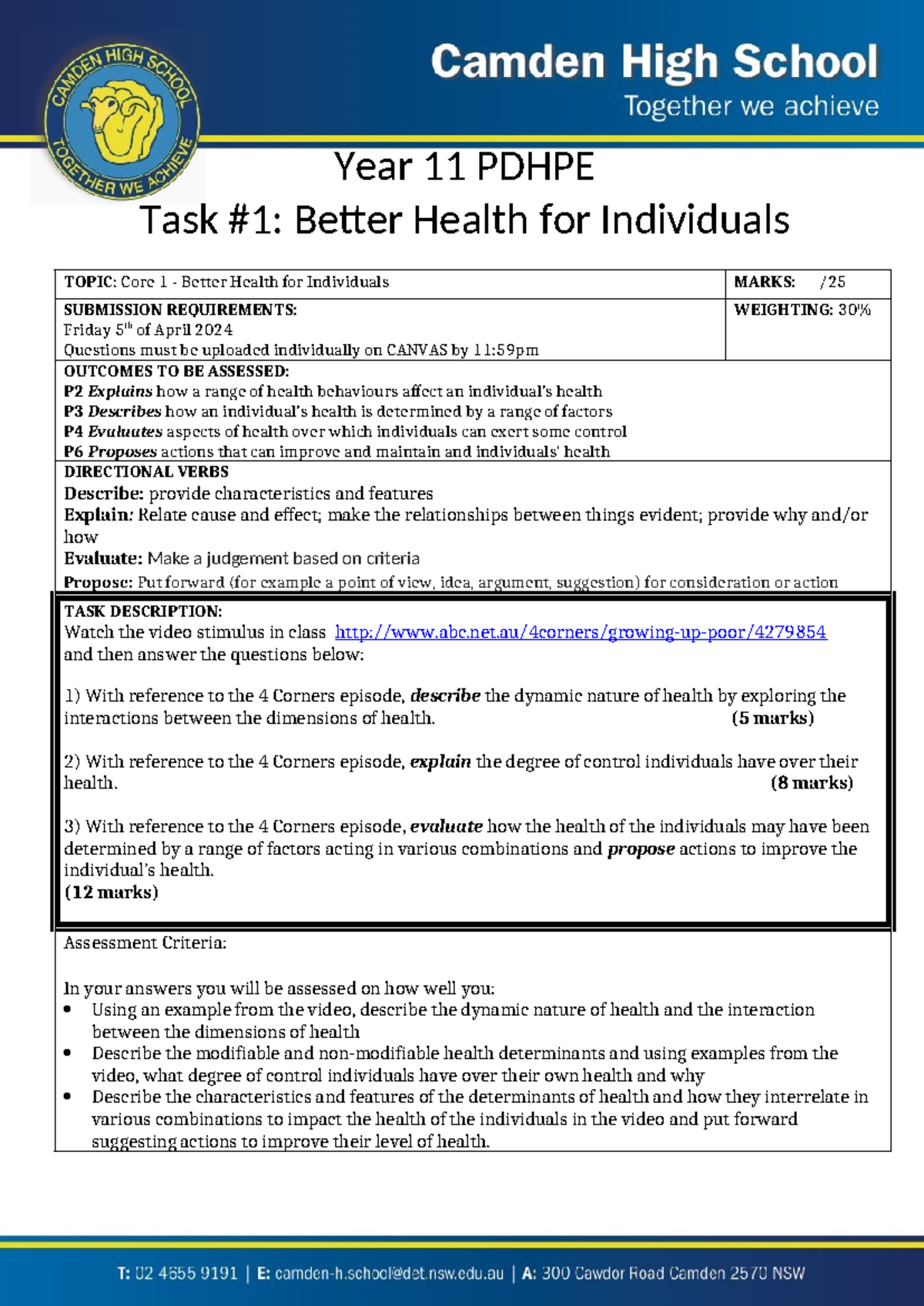 Pdhpe - Better Health for Individuals Assessment Task - TOPIC: Core 1 ...