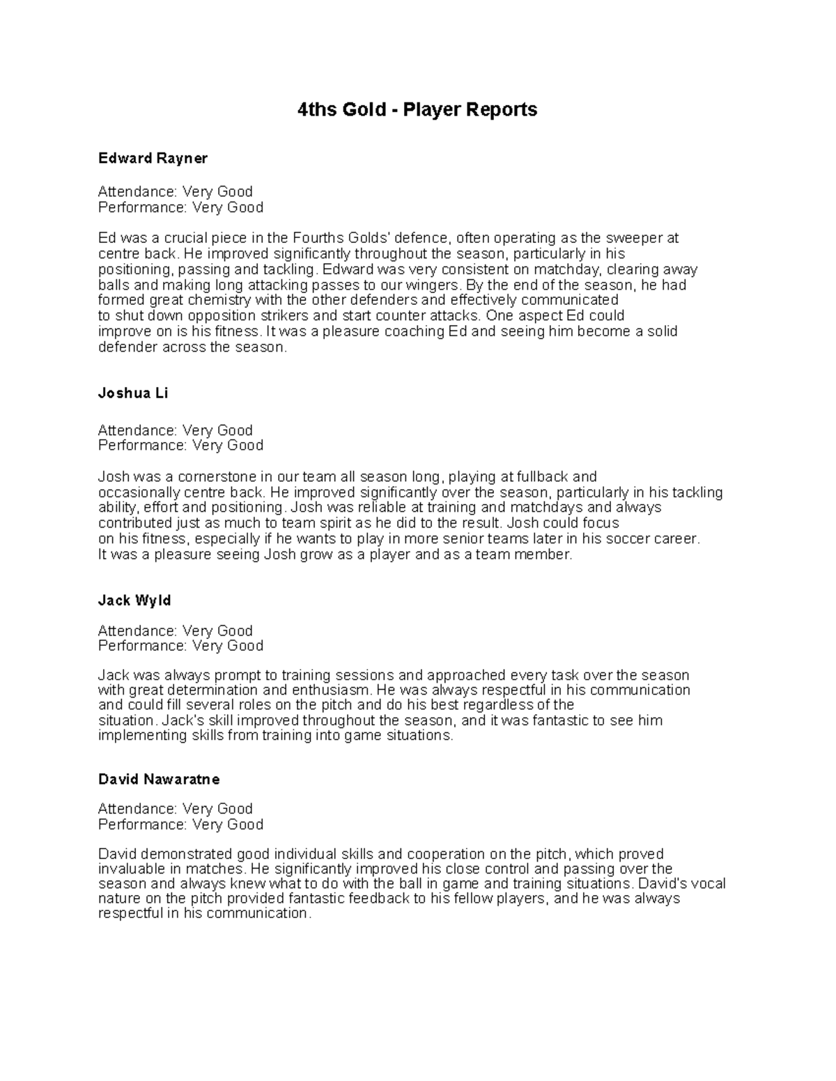 4ths Gold - Soccer Reports - 4ths Gold - Player Reports Edward Rayner ...