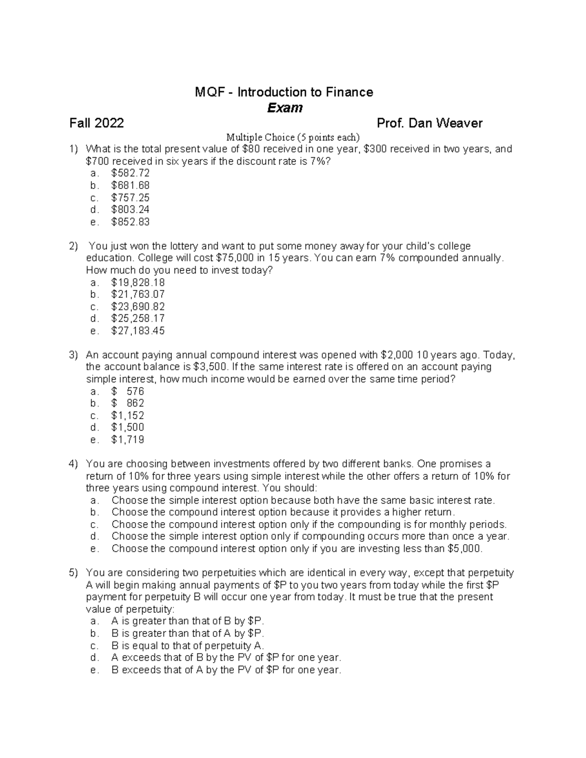 Finance Assignment - Blah - MQF - Introduction to Finance Exam Fall ...