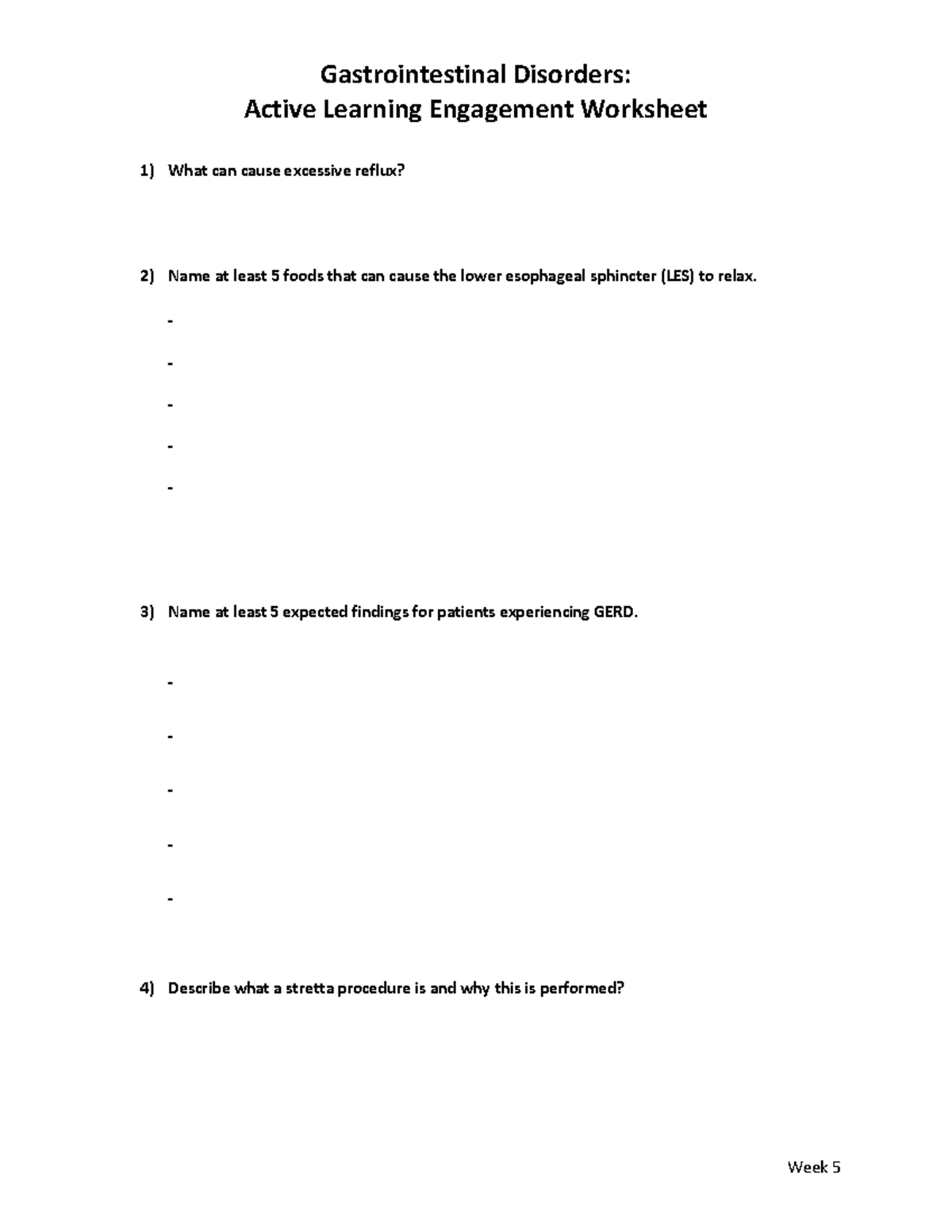 Week 5 - Gastrointestinal Disorders - ALE Worksheet - Gastrointestinal ...