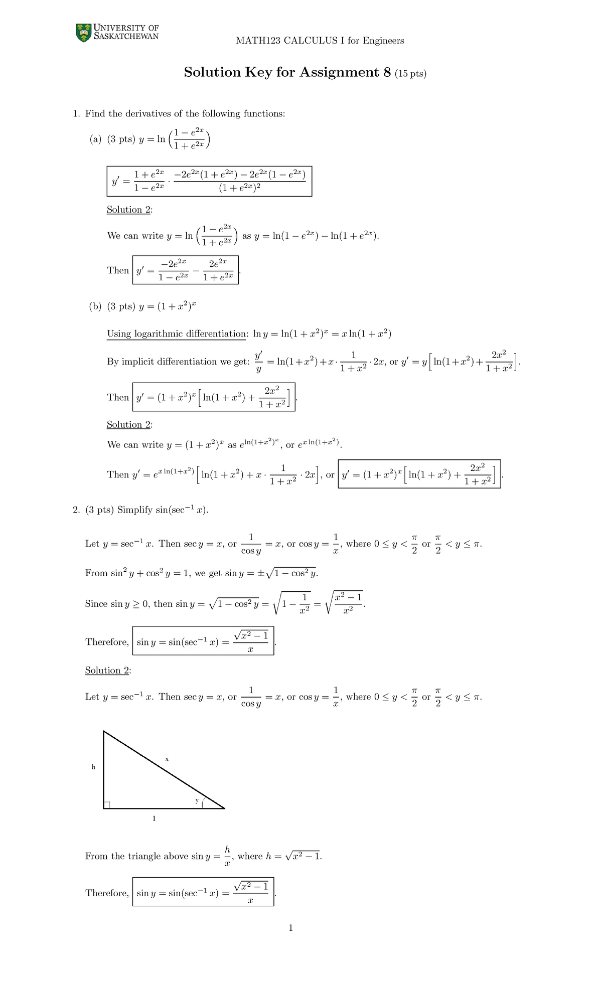 Assign 8-2018-solution - MATH123 CALCULUS I for Engineers Solution Key for Assignment 8 (15 pts ...