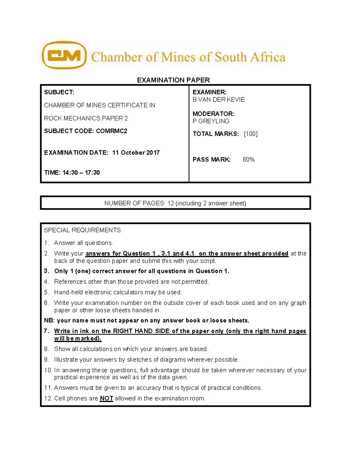 Exam RMC Paper 2 Oct 2017 - EXAMINATION PAPER SUBJECT: CHAMBER OF MINES ...
