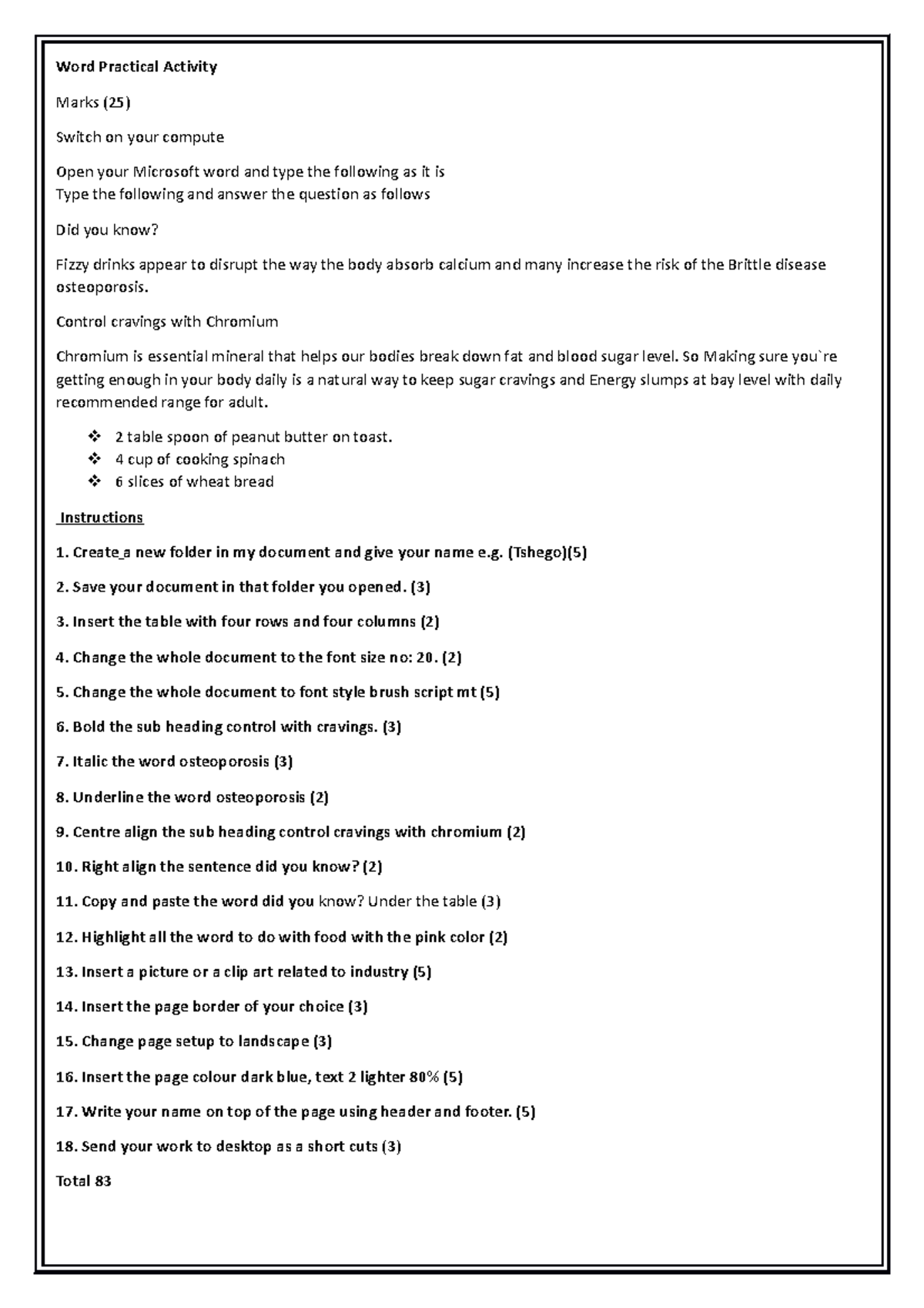 Word Practical Activity - Word Practical Activity Marks (25) Switch on ...