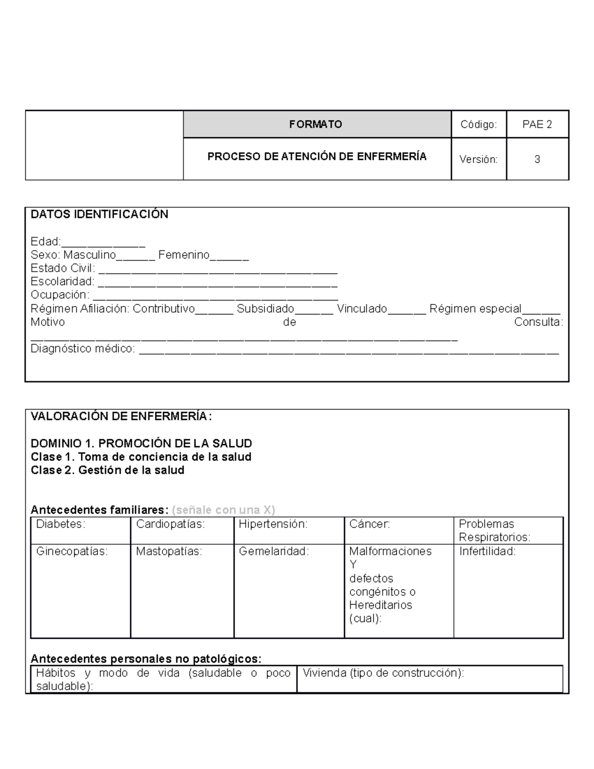 Formato PAE - FORMATO Código: PAE 2 PROCESO DE ATENCIÓN DE ENFERMERÍA ...