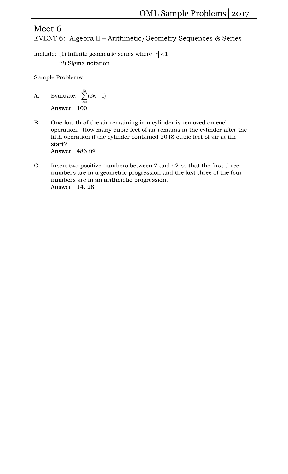 Meet6 event 6 - OML Sample Problems 2017 Meet 6 ####### EVENT 6 ...