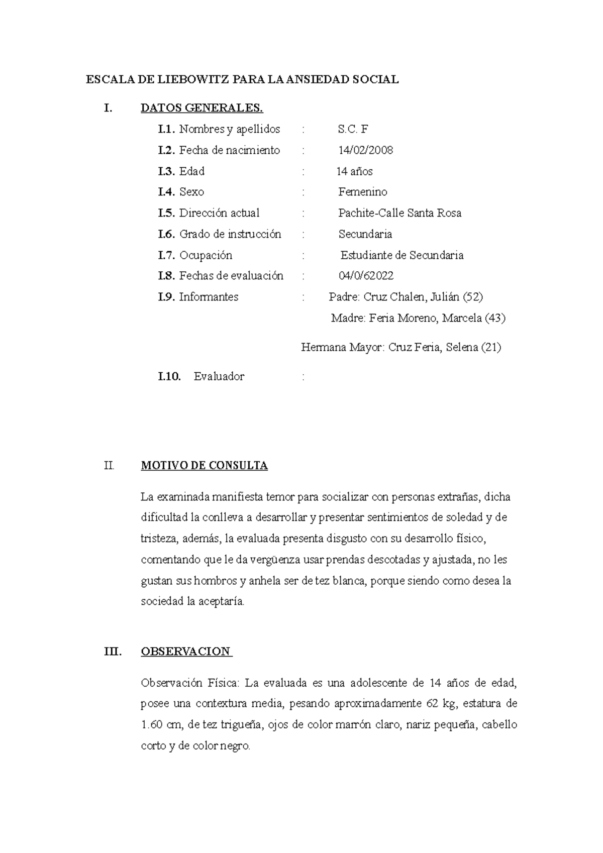 Escala DE Liebowitz PARA LA Ansiedad Social - ESCALA DE LIEBOWITZ PARA ...