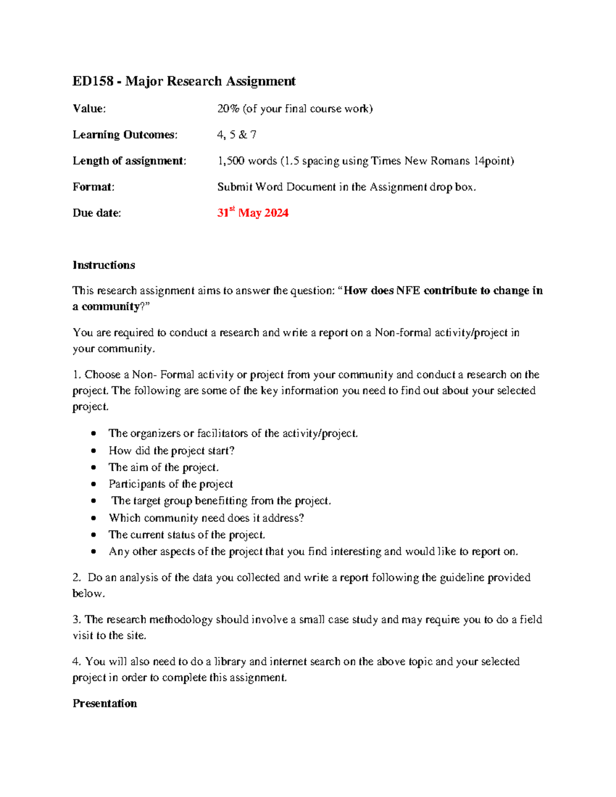 ED158 Assignment 1 2024 - ED158 - Major Research Assignment Value: 20% ...