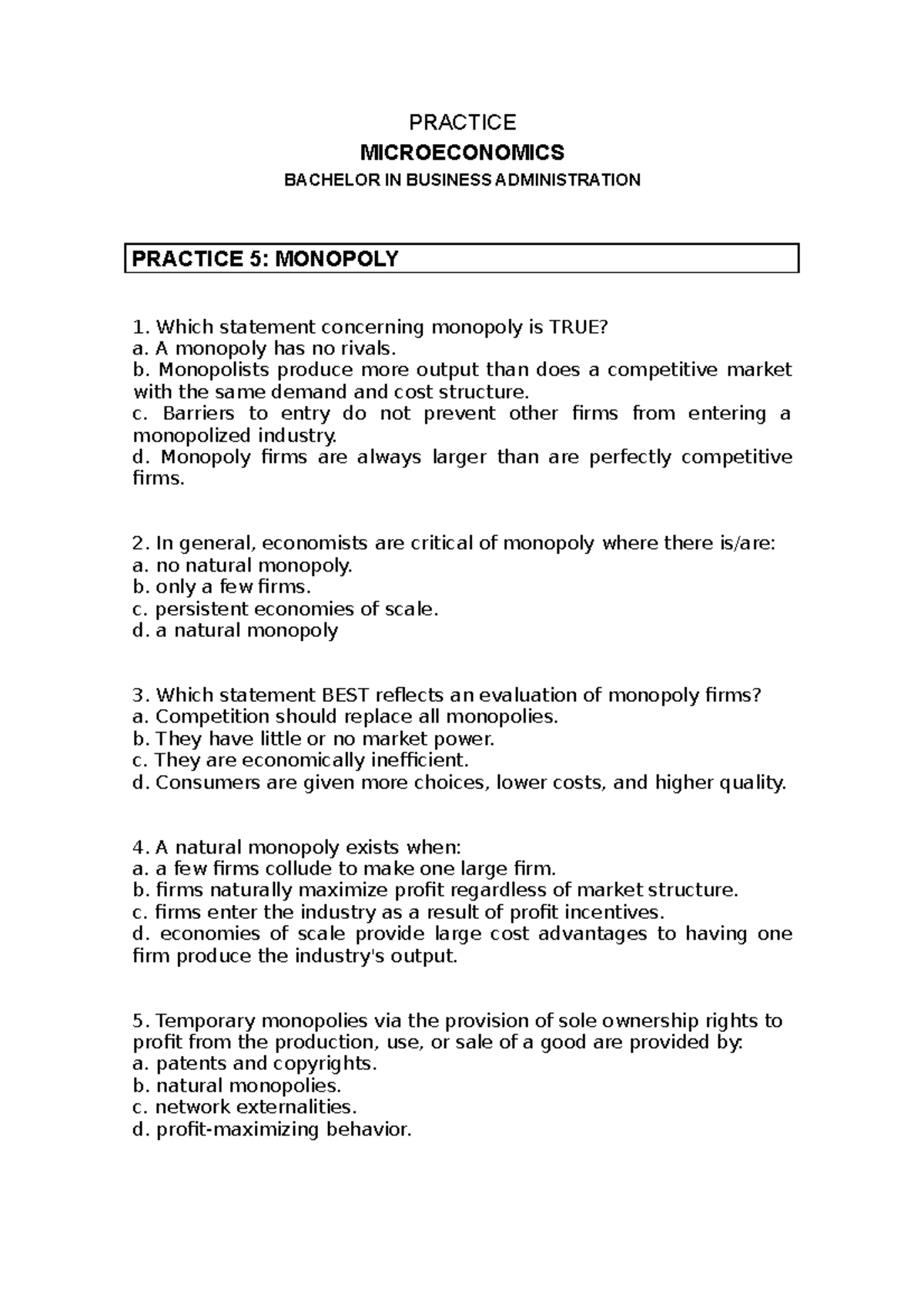 Practice 5 Monopoly - upsa - PRACTICE MICROECONOMICS BACHELOR IN ...