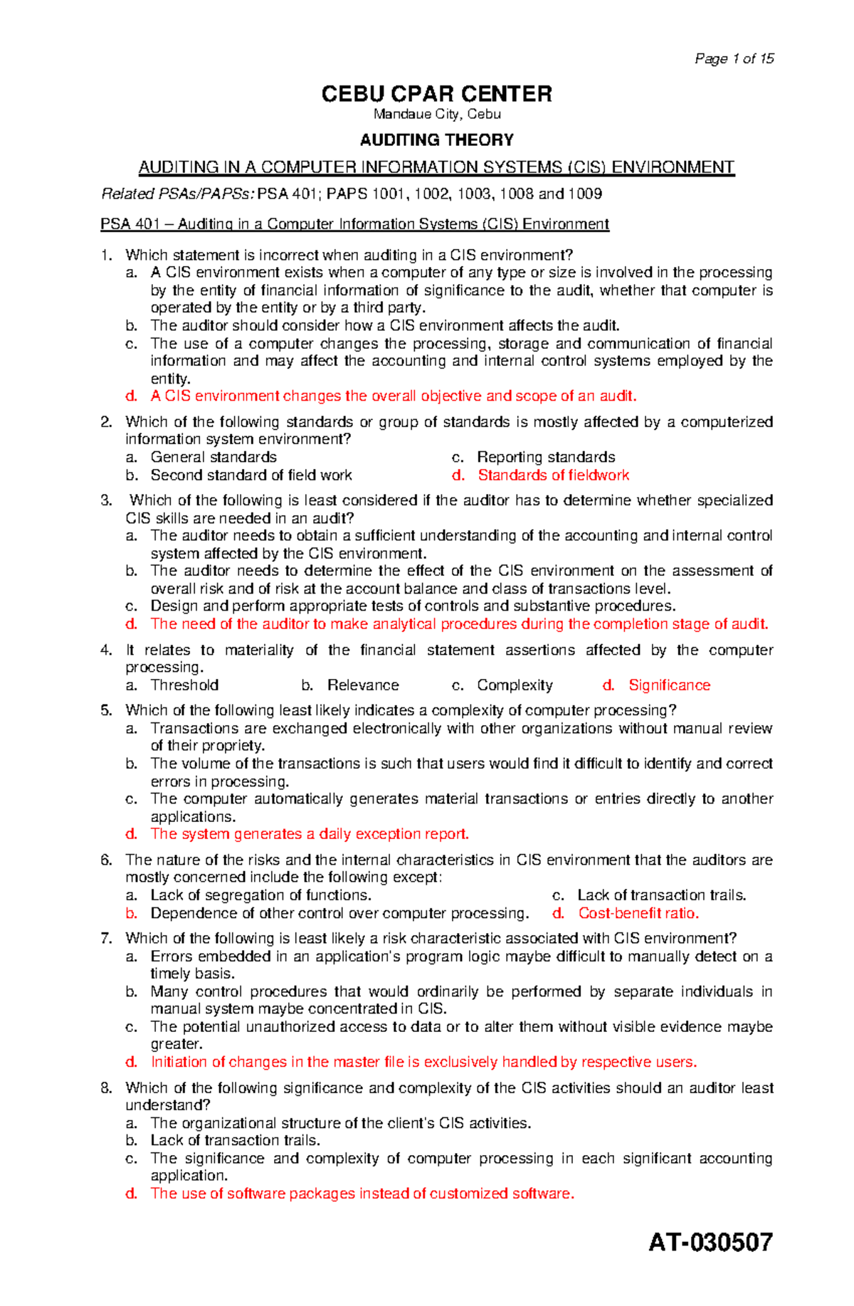 Sample/practice exam, questions and answers - Page 1 of 15 CEBU CPAR ...