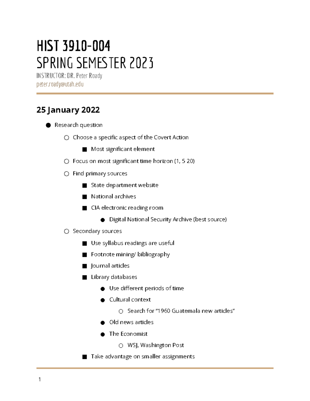 1 25 Class - HIST 3910- SPRING SEMESTER 2023 INSTRUCTOR: DR. Peter ...