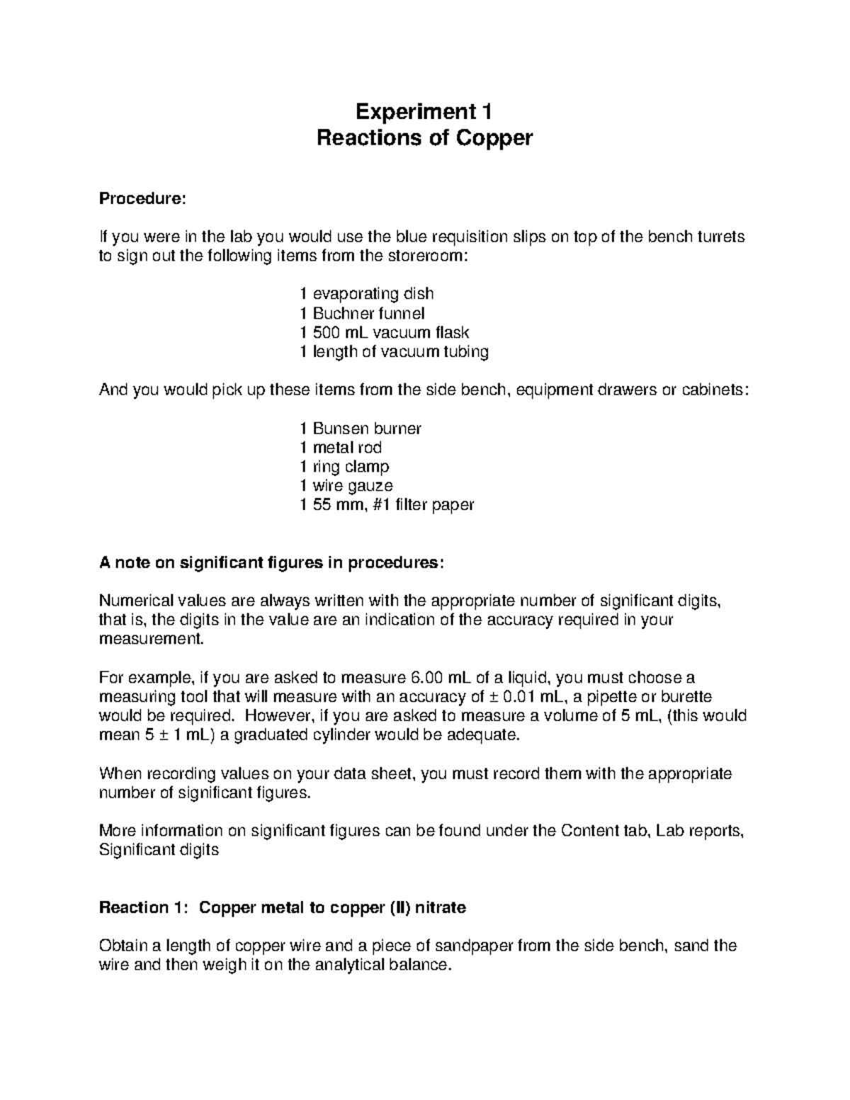 Copper procedure f20 - LAB - Experiment 1 Reactions of Copper Procedure ...