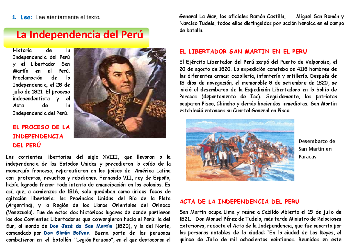 Independencia lectura - 1. Lee: Lee atentamente el texto. La ...