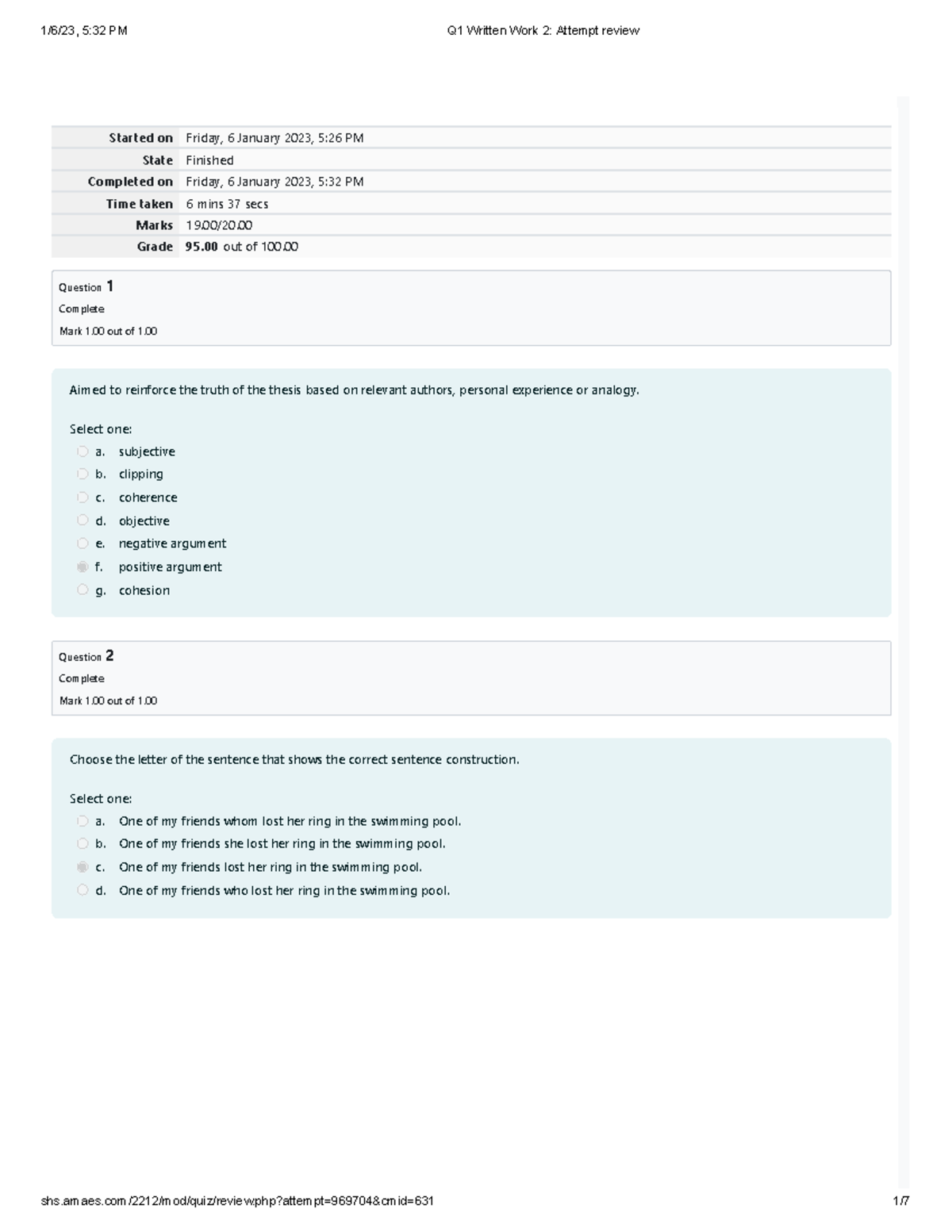 Q1 Written Work 2 Attempt review - Started on Friday, 6 January 2023, 5 ...