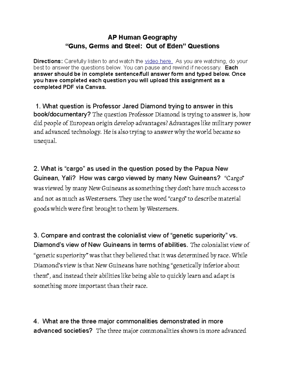 “Guns, Germs and Steel Out of Eden” Questions - AP Human Geography ...