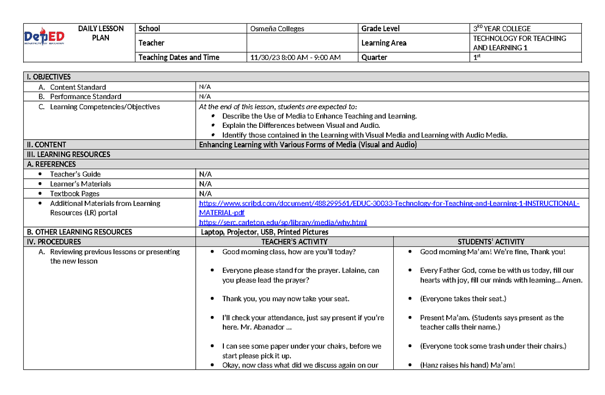 Lesson plan new kay joan - DAILY LESSON PLAN School Osmeña Colleges ...