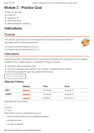 Module 1 - Practice Quiz Physical Geography (GEOG 102 400 S2024)-2 - Module 1 - Practice Quiz ...