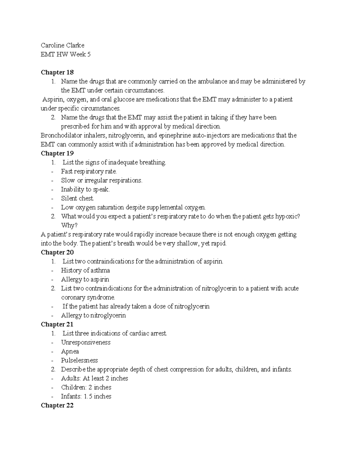 EMT HW 5- 10 22 23 - Caroline Clarke EMT HW Week 5 Chapter 18 1. Name ...