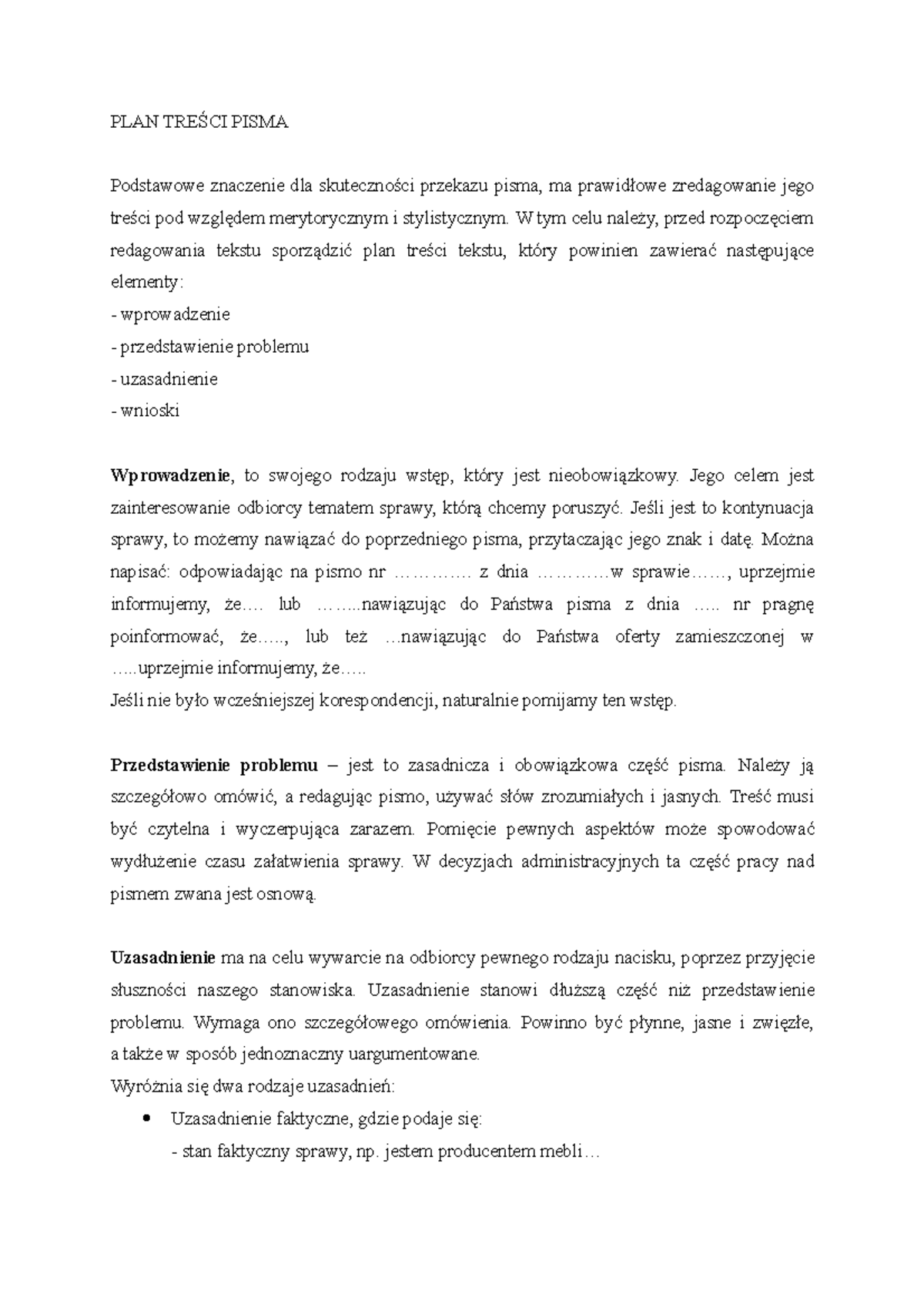 Plik 3.1 Plan treści pisma - PLAN TREŚCI PISMA Podstawowe znaczenie dla ...