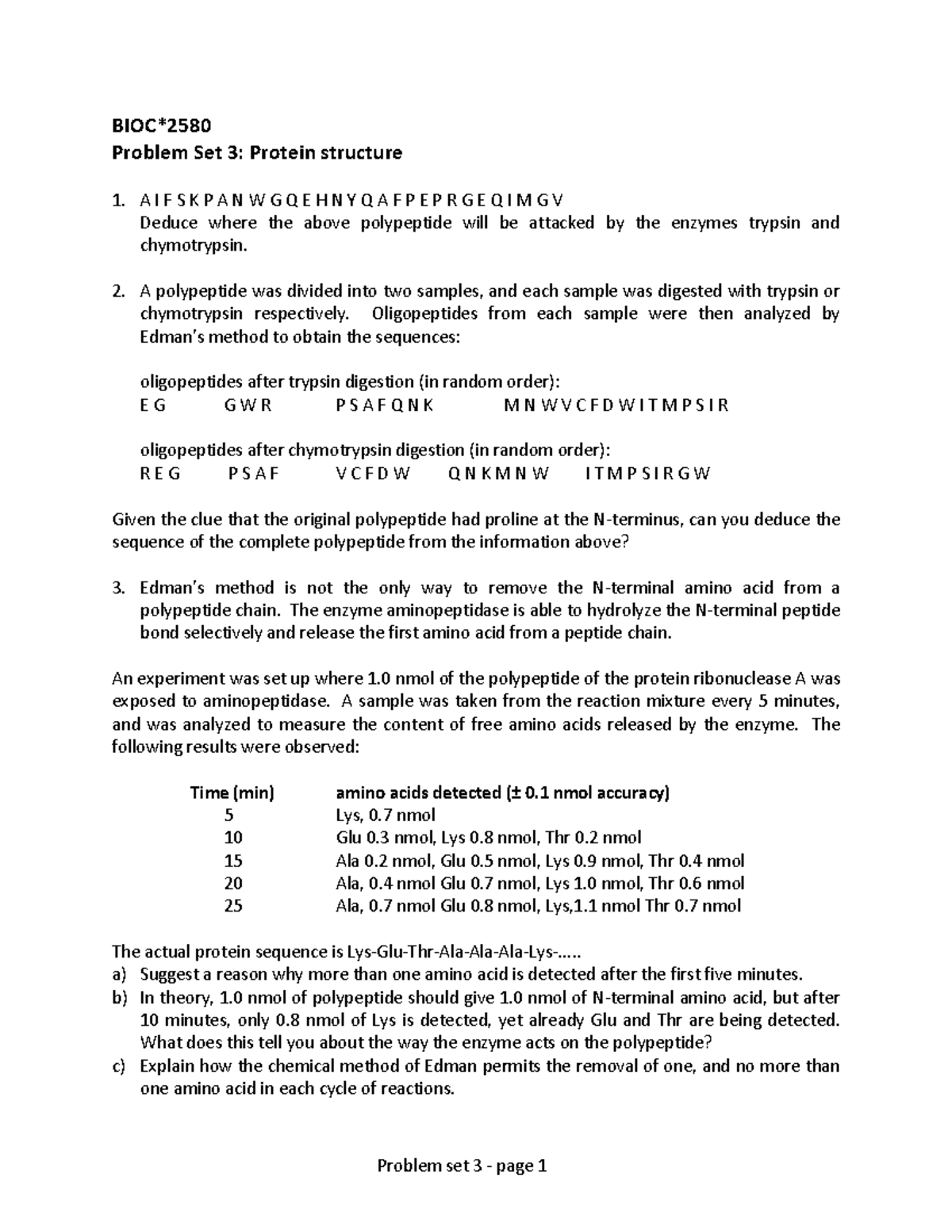 Problem set 3 - Helps with final - Problem set 3 ‐ page 1 BIOC* Problem Set 3: Protein structure ...