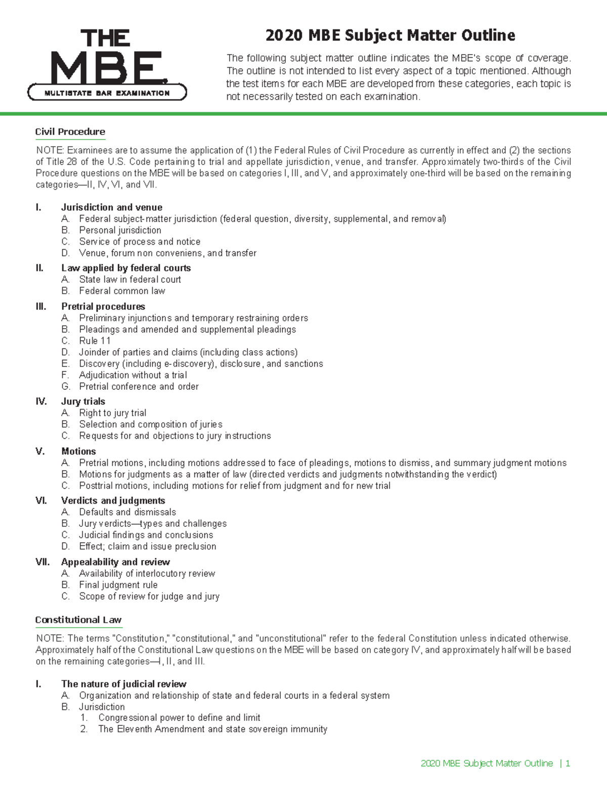 NCBE MBE Outline - Bar Prep - 2020 MBE Subject Matter Outline | 1 2020 ...