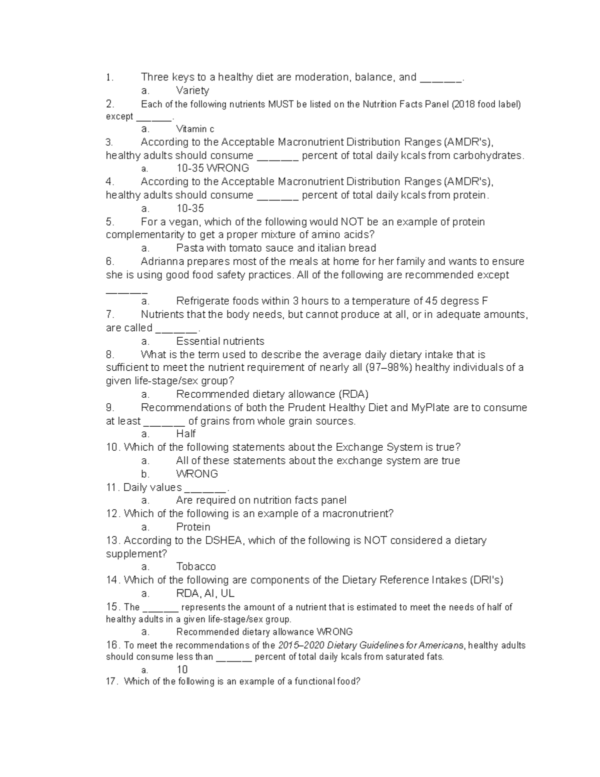 Nutrition chapter 2 quiz - Three keys to a healthy diet are moderation ...