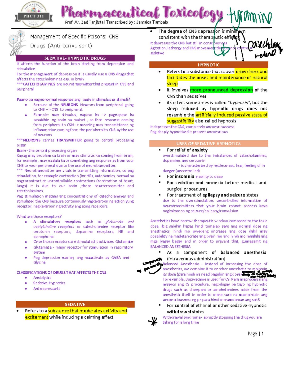 PHCT-CNS - LECTURE NOTES TOXI - SEDATIVE- HYPNOTIC DRUGS Prof: Mr. Zed ...