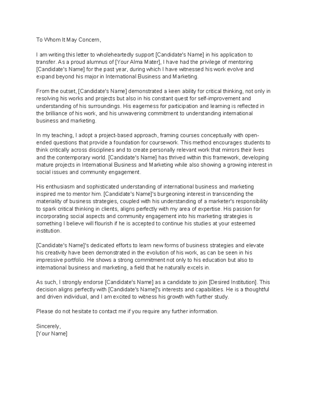 Rec Letter Sample - To Whom It May Concern, I am writing this letter to ...