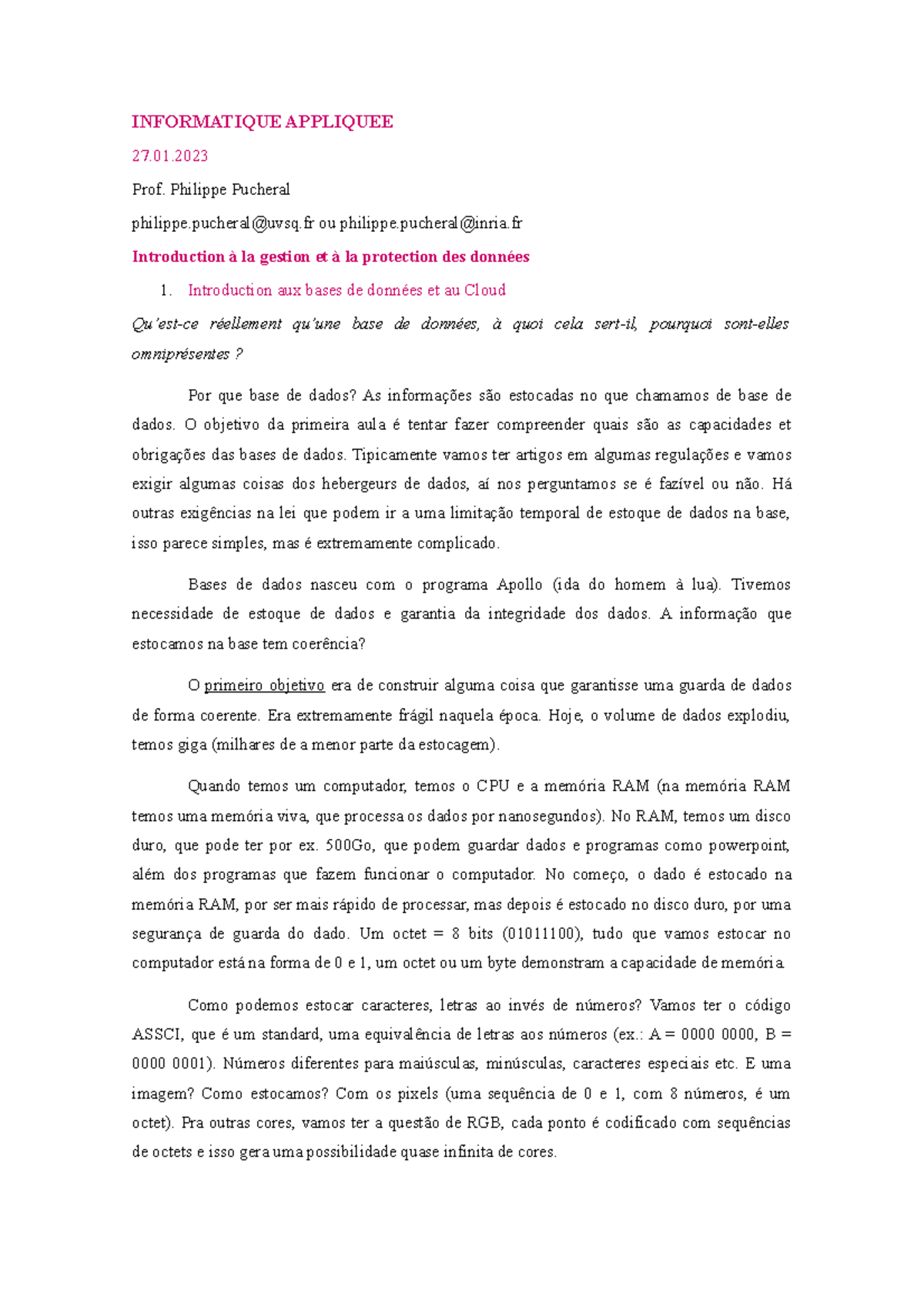 Informatique appliquée - INFORMATIQUE APPLIQUEE 27. Prof. Philippe ...