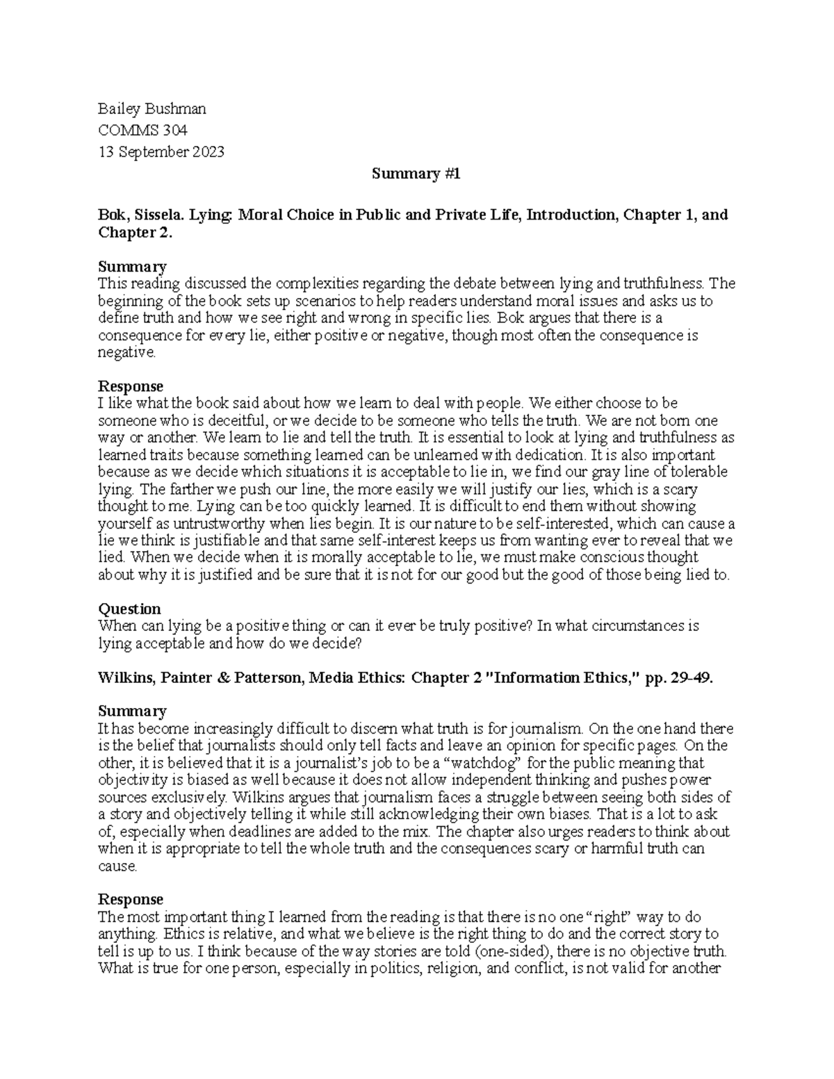 Comms 304 summary 1 - qqqqqq - Bailey Bushman COMMS 304 13 September 2023 Summary # Bok, Sissela ...