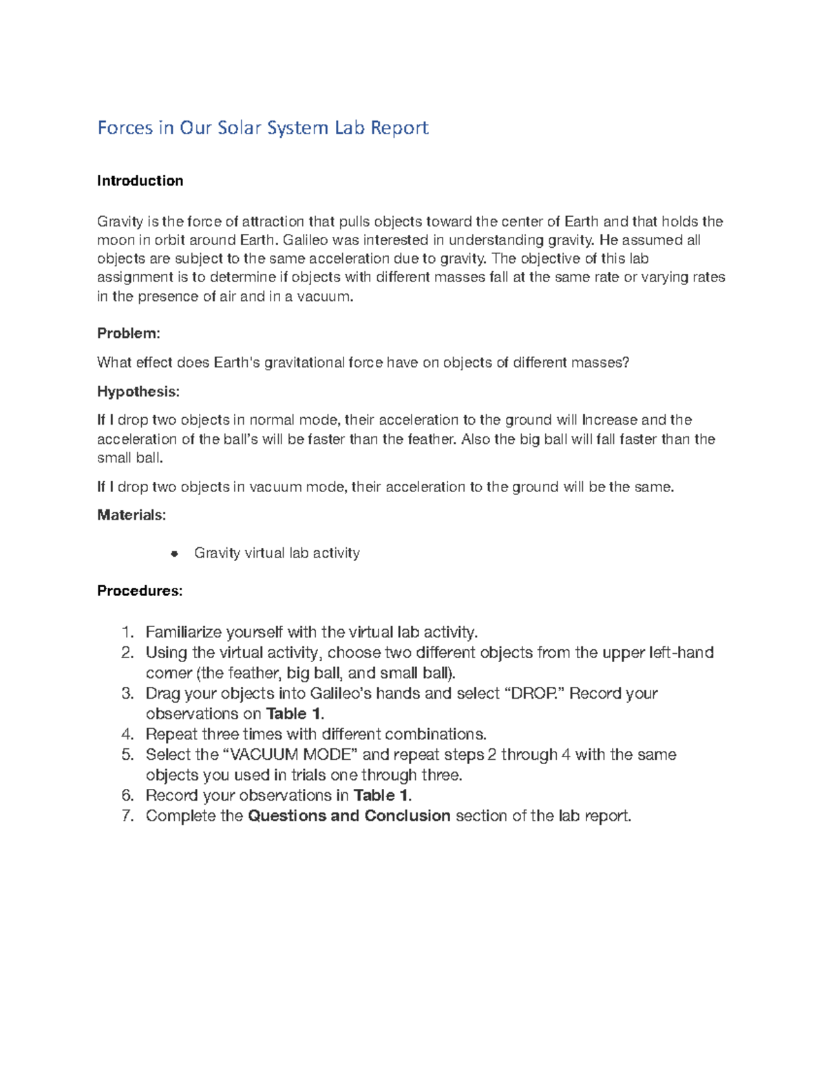 Forces in our solar system lab report - Forces in Our Solar System Lab ...