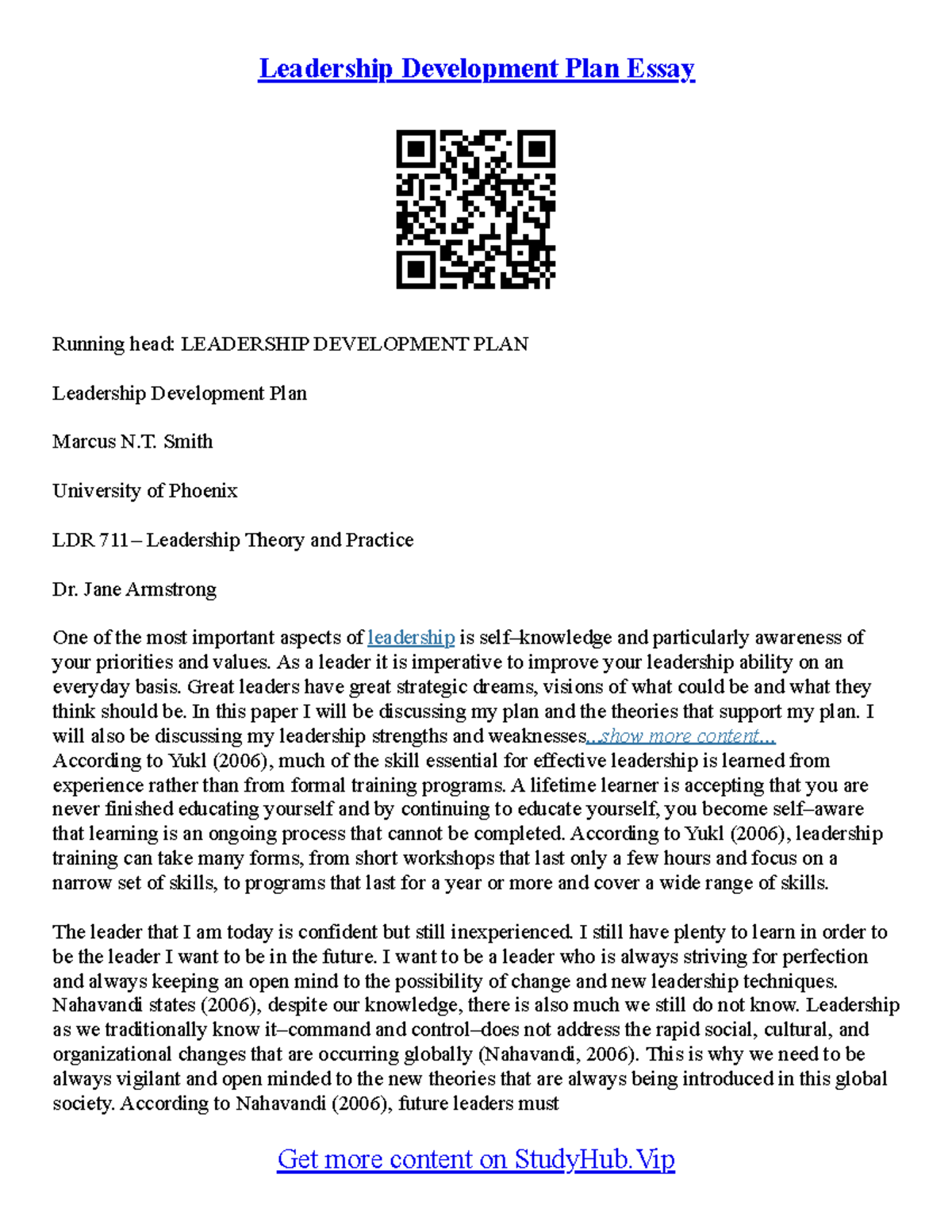 Essay About Leaders - Leadership Development Plan Essay Running head ...