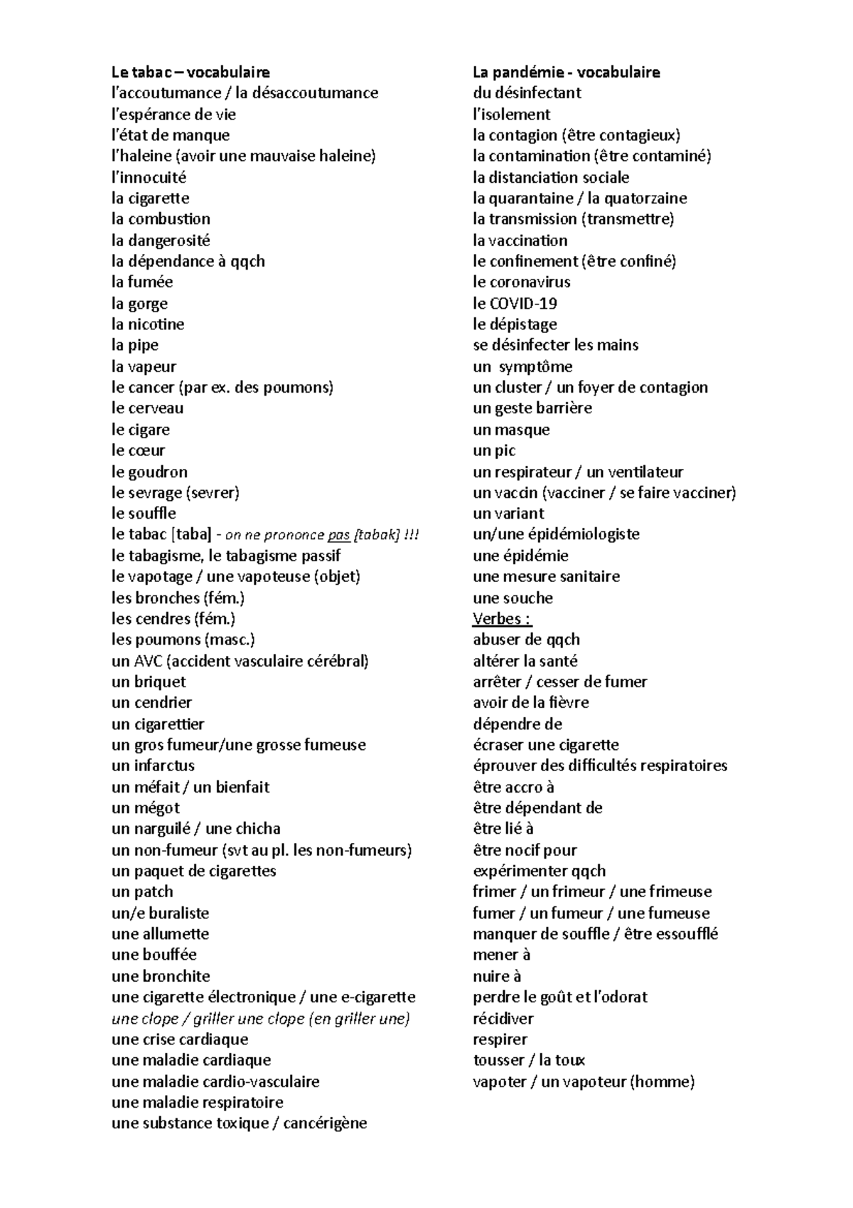 Vocabulaire sur le tabac et la pandémie - Historia literatury ...