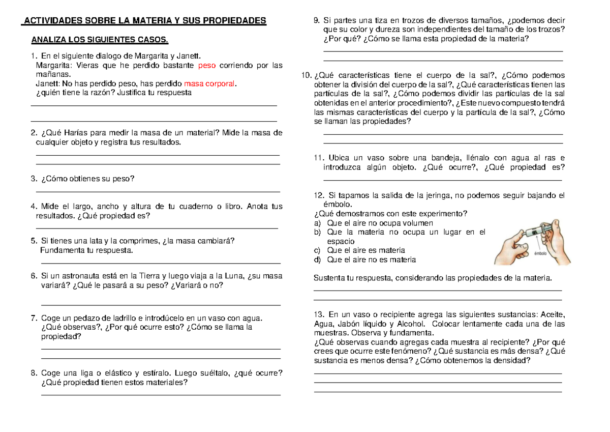 Practica Propiedades DE LA Materia - ACTIVIDADES SOBRE LA MATERIA Y SUS ...