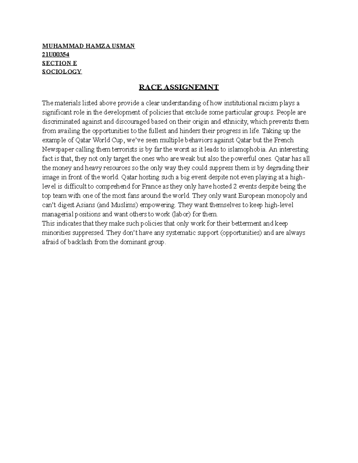 Race assignment - MUHAMMAD HAMZA USMAN 21U SECTION E SOCIOLOGY RACE ASSIGNEMNT The materials ...
