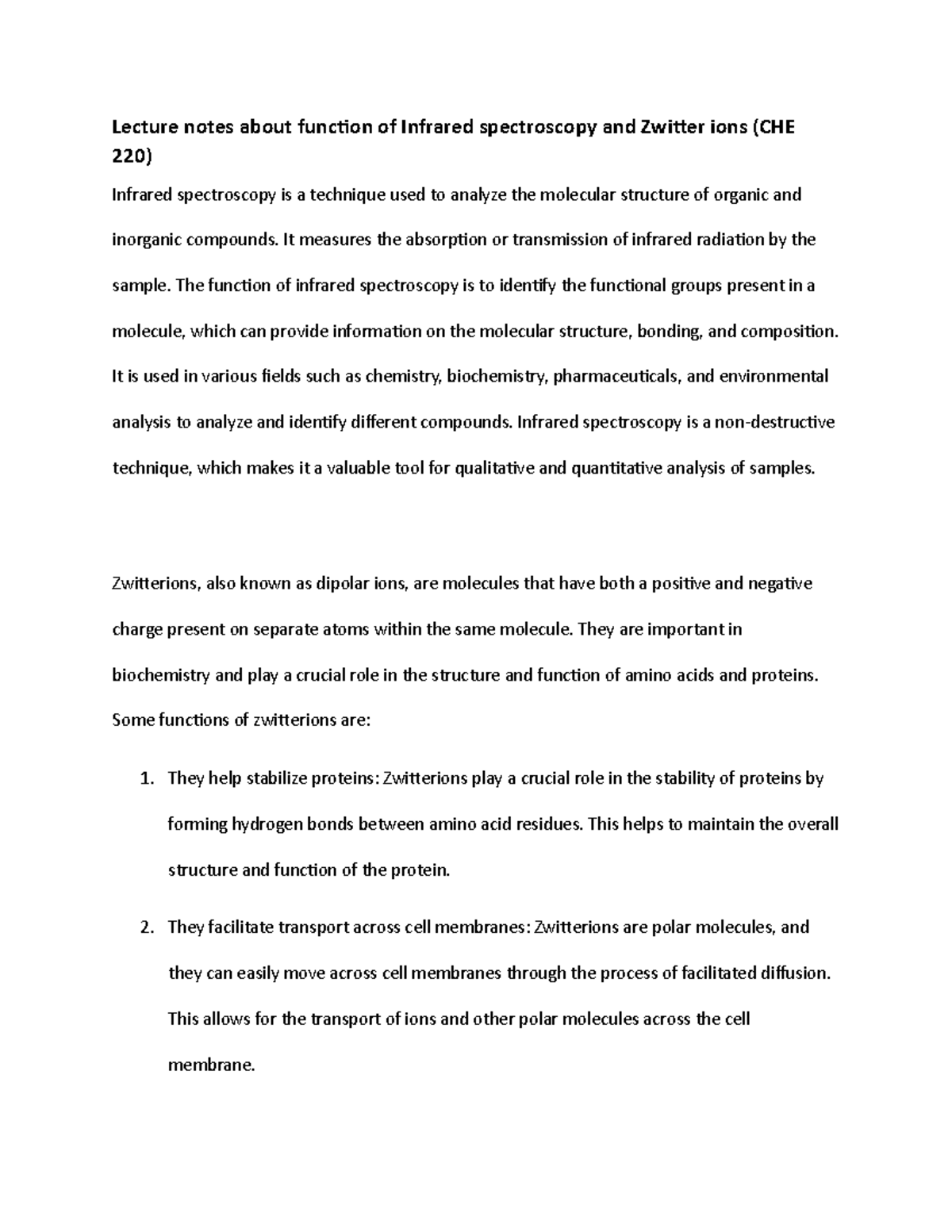 Lecture notes about function of Infrared spectroscopy and Zwitter ions ...