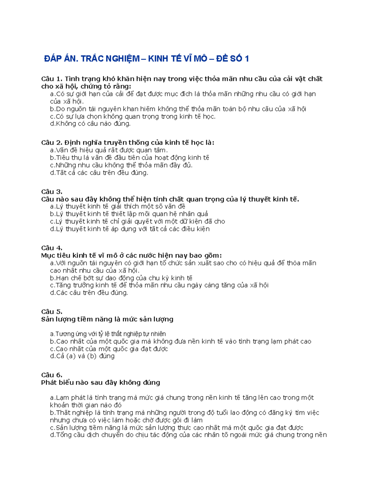 KTVM - kinh tế vi mô - ĐÁP ÁN. TRẮC NGHIỆM – KINH TẾ VĨ MÔ – ĐỀ SỐ 1 Câu 1. Tình trạng khó khăn ...