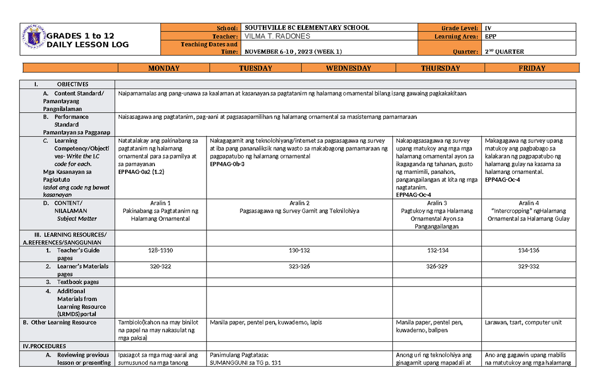 DLL EPP 4 Q2 W1 - URS - GRADES 1 to 12 DAILY LESSON LOG School ...