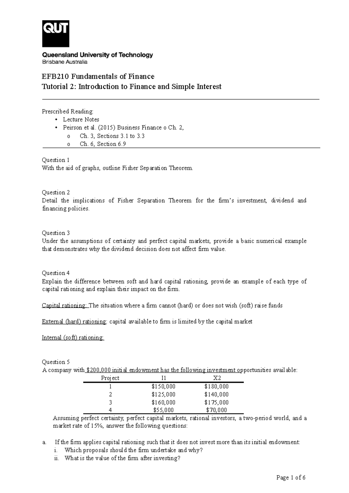 EFB210 Tutorial 2 Questions - EFB210 Fundamentals of Finance Tutorial 2 ...