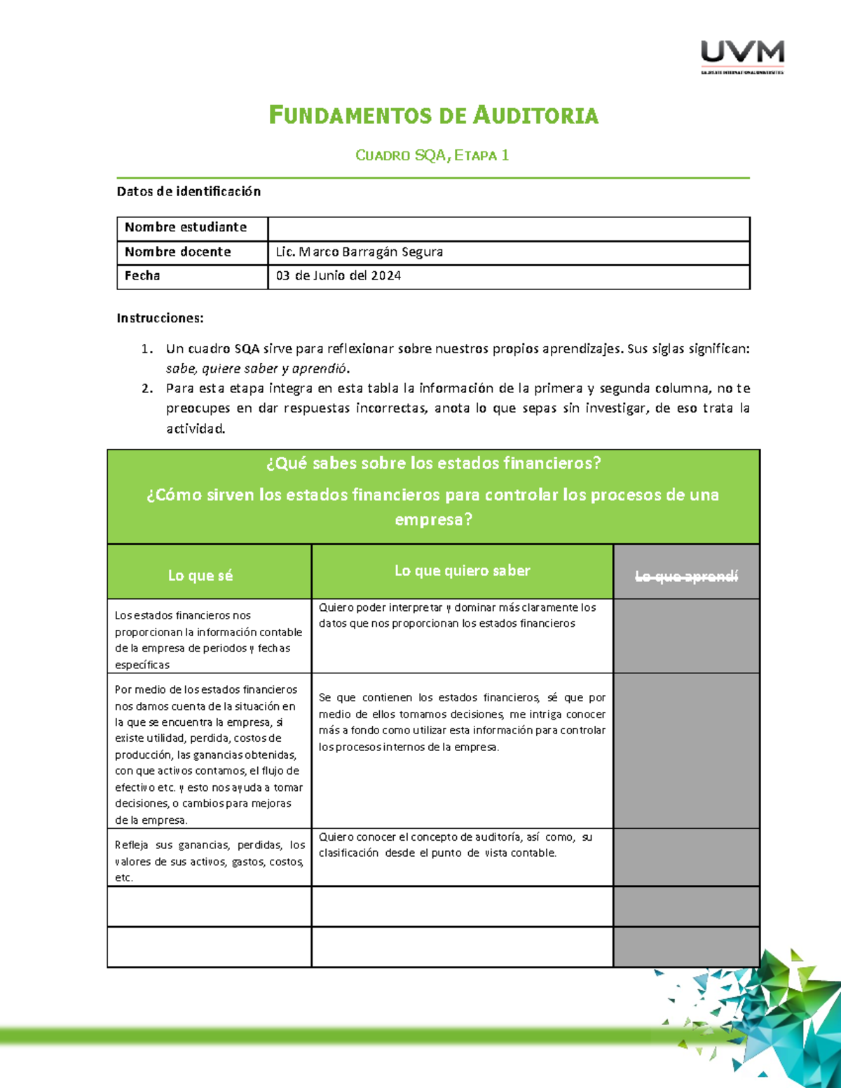 1 qwertyuiop´+´poiuytr - FUNDAMENTOS DE AUDITORIA CUADRO SQA, ETAPA 1 ...