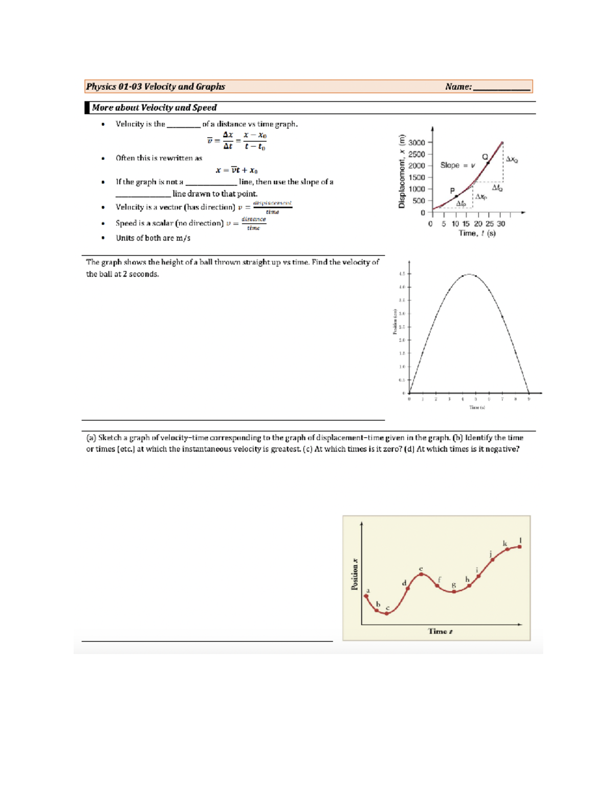 Physics Study worksheet - Physics Velocity and Graphs Name: More about ...